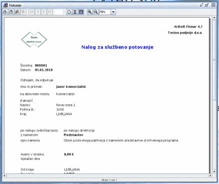 Potni nalog za službeno vozilo | ArtSoft Firmar